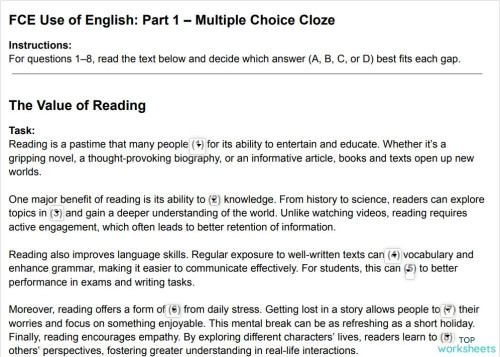Reading part 1- MULTIPLE CHOICE (5). Interactive worksheet | TopWorksheets