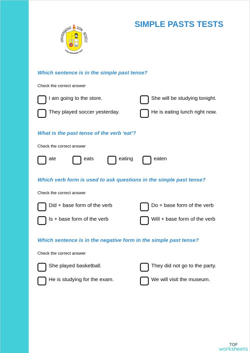 SIMPLE PASTS TESTS. Interactive worksheet | TopWorksheets