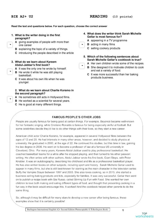 BIE A2+ U2 Reading: Famous people's other jobs. Interactive worksheet | TopWorksheets