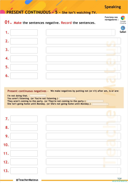Present Continuous - 3 - She isn't watching TV - Speaking. Interactive worksheet | TopWorksheets
