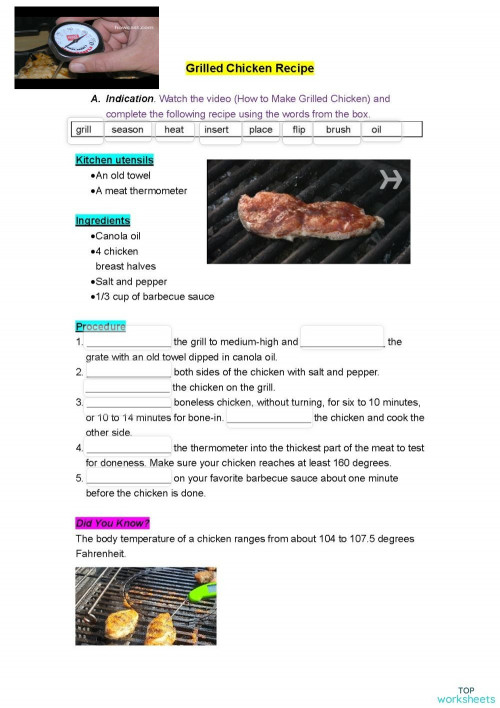 GRILLED CHICKEN RECIPE. Interactive worksheet | TopWorksheets