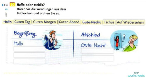 A1.1 - L1 Hallo oder Tschüs?. Interaktives Arbeitsblatt | TopWorksheets