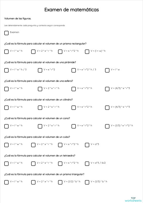 Examen de matemáticas. Ficha interactiva | TopWorksheets