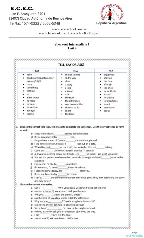 Class - Say, Tell and Ask. Interactive worksheet | TopWorksheets
