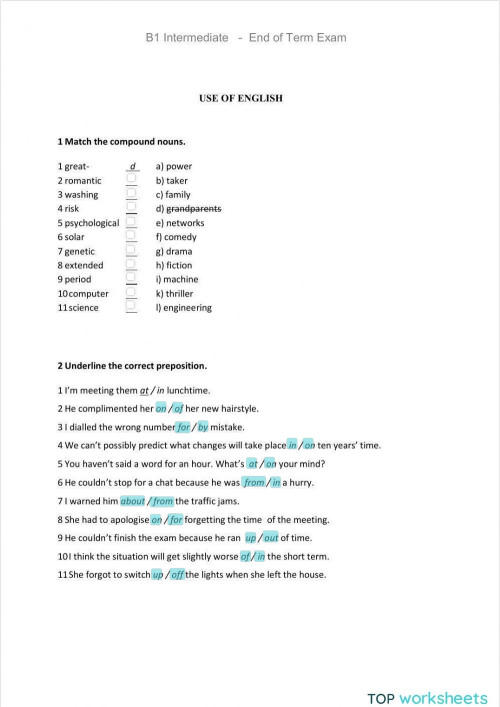 B1 Intermediate End of term Exam. Interactive worksheet | TopWorksheets