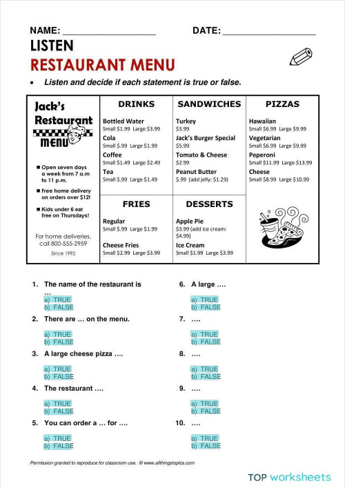 Restaurants Listening. Interactive worksheet | TopWorksheets