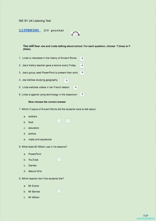 BIE B1 U4 Listening Test. Interactive worksheet | TopWorksheets