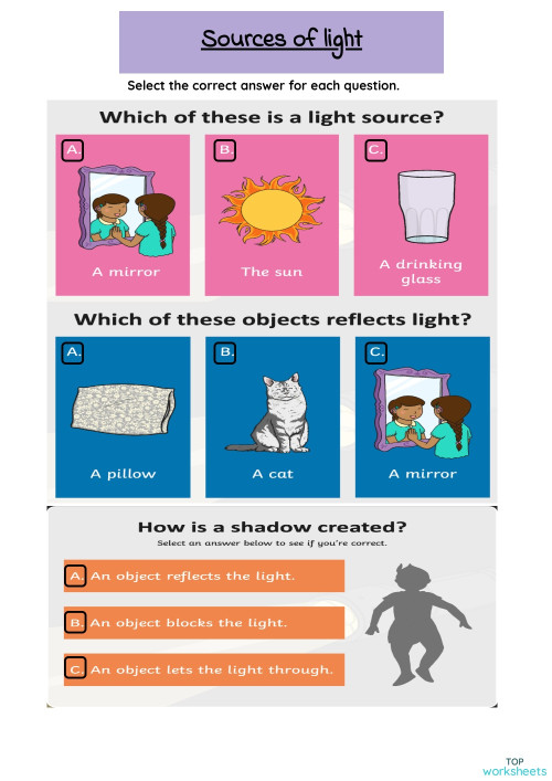 Science 2 Exam - Light and shades. Interactive worksheet | TopWorksheets