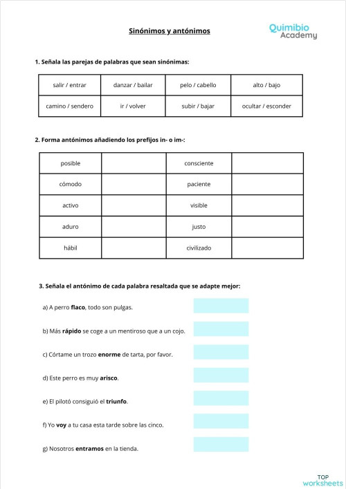 Antónimos: fichas interactivas y ejercicios online | TopWorksheets
