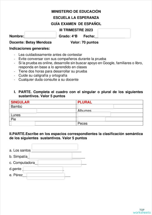 EXAMEN ESPAÑOL. Ficha interactiva | TopWorksheets
