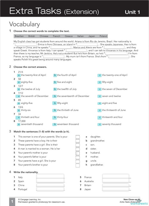 Close-Up A2 Extra Tasks Extension U1. Interactive worksheet | TopWorksheets