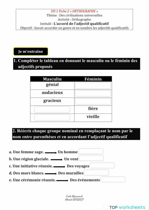 L’accord de l’adjectif qualificatif. Fiche interactive | TopWorksheets