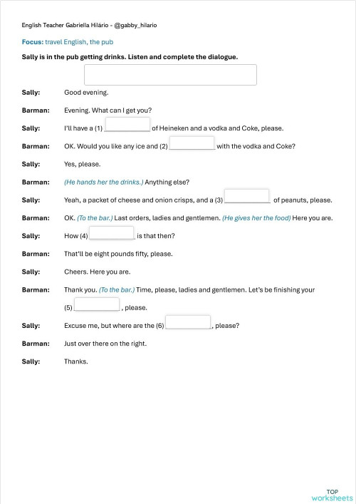 Travel English 12 - The Pub. Interactive worksheet | TopWorksheets