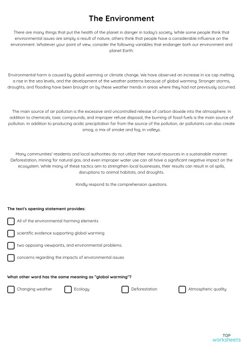 The Environment. Interactive worksheet | TopWorksheets