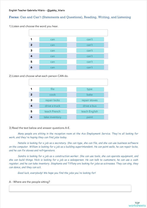SBS 1 - C13 - Can and Can't - Reading, Writing and Listening ...