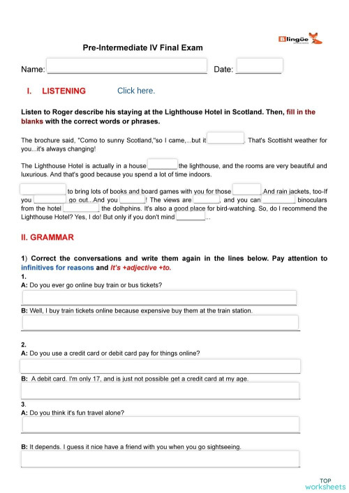 Pre-Intermediate IV (Final Exam). Interactive worksheet | TopWorksheets