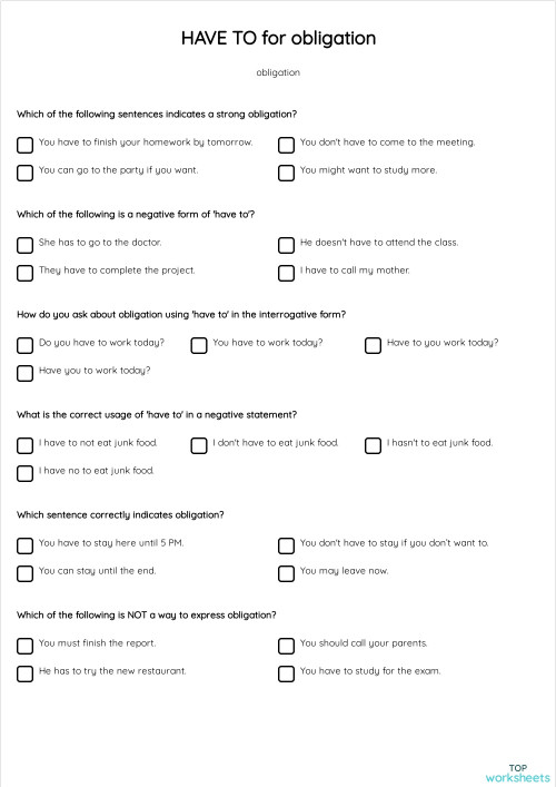 HAVE TO for obligation. Interactive worksheet | TopWorksheets