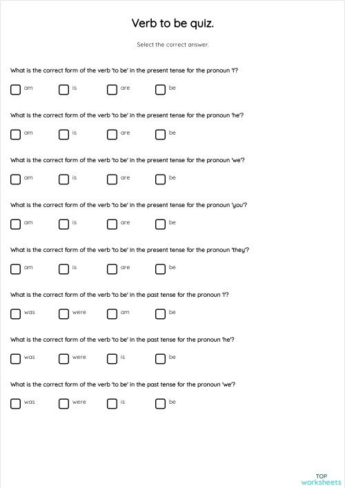 Verb to be quiz.. Interactive worksheet | TopWorksheets