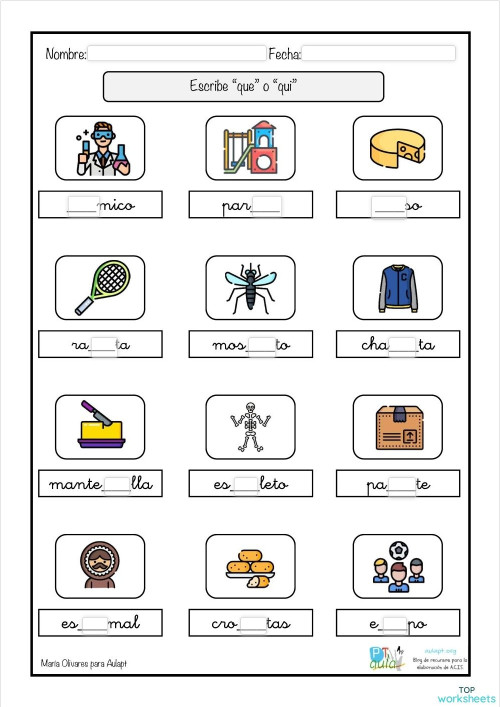 Palabras con: que /qui. Ficha interactiva | TopWorksheets