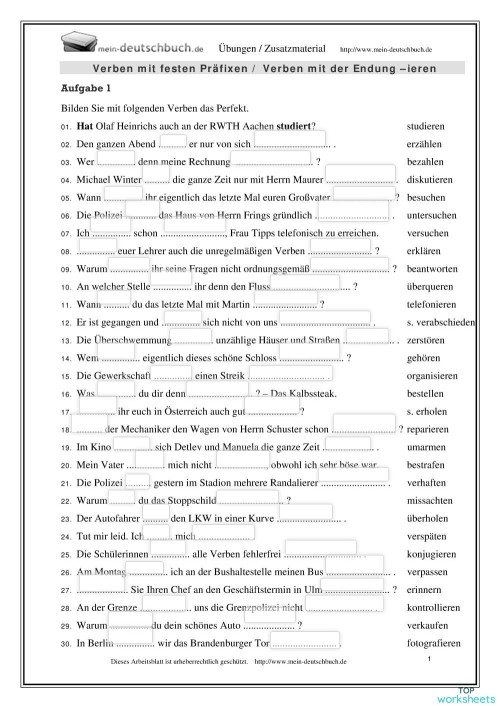 Perfekt 04 Verben mit festen Präfixen/-ieren. Interaktives Arbeitsblatt ...