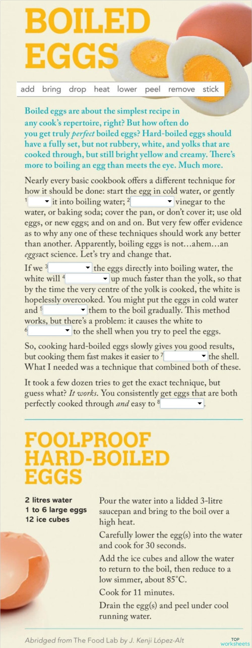 Reading: Hard-Boiled Eggs. Interactive worksheet | TopWorksheets