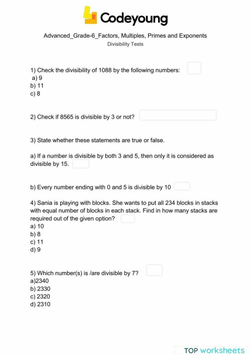 Divisibility Tests Advanced. Interactive worksheet | TopWorksheets