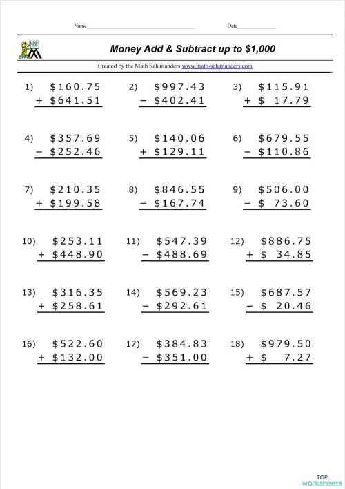 M_G02M16L69_WE01_Add and subtract money. Interactive worksheet ...