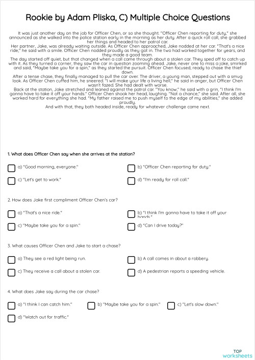 Rookie by Adam Pliska, C) Multiple Choice Questions. Interactive ...