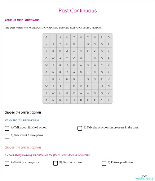 Past Continuous. Ficha interactiva | TopWorksheets