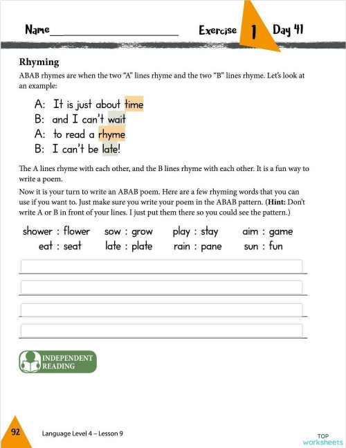 Lesson 9: Rhyming Pg 89 Ex 1. Interactive worksheet | TopWorksheets