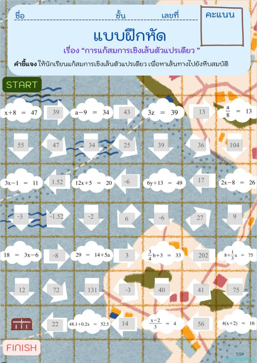 การแก้สมการเชิงเส้นตัวแปรเดียว ใบงานเชิงโต้ตอบ Topworksheets