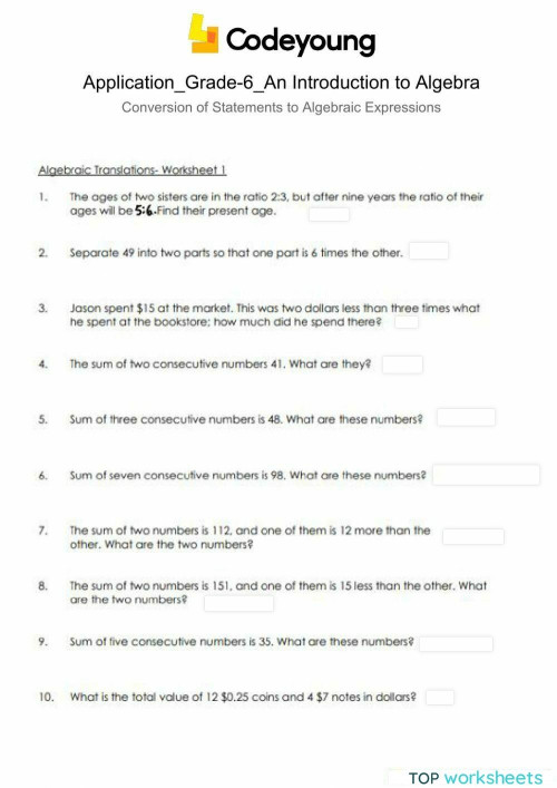 Conversion of Statements to Algebraic Expressions Application ...