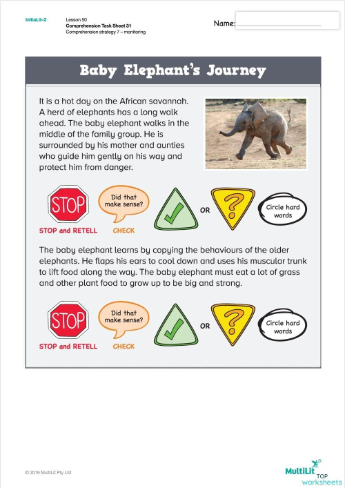 Lesson 50 Baby Elephant's Journey. Interactive worksheet | TopWorksheets
