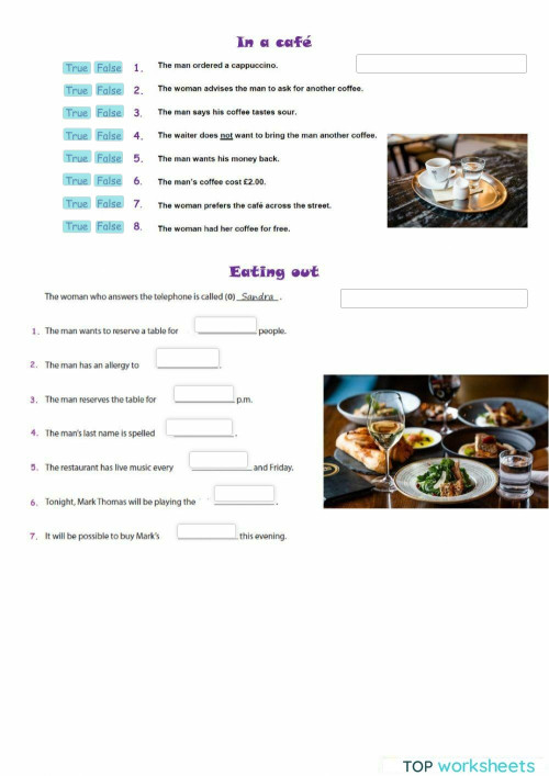 Café-restaurant - listening. Interactive worksheet | TopWorksheets