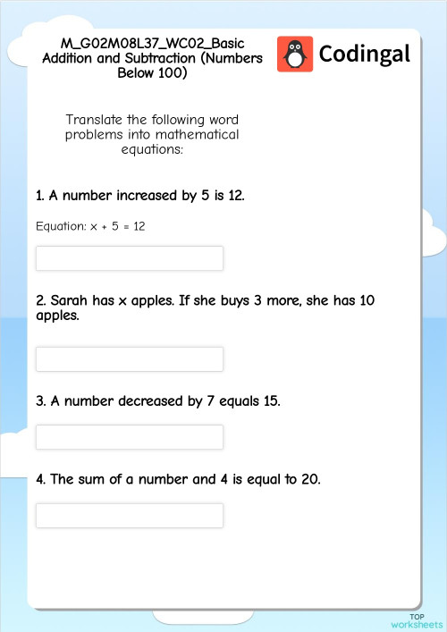 M_G02M08L37_WC02_Basic Addition and Subtraction (Numbers Below 100). Interactive worksheet ...