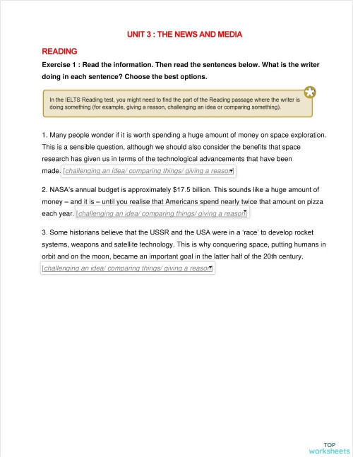 Unit 3 - Reading - The news and media. Interactive worksheet ...