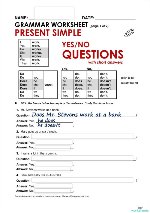 Present simple : Yes, No Questions ใบงานเชิงโต้ตอบ | TopWorksheets