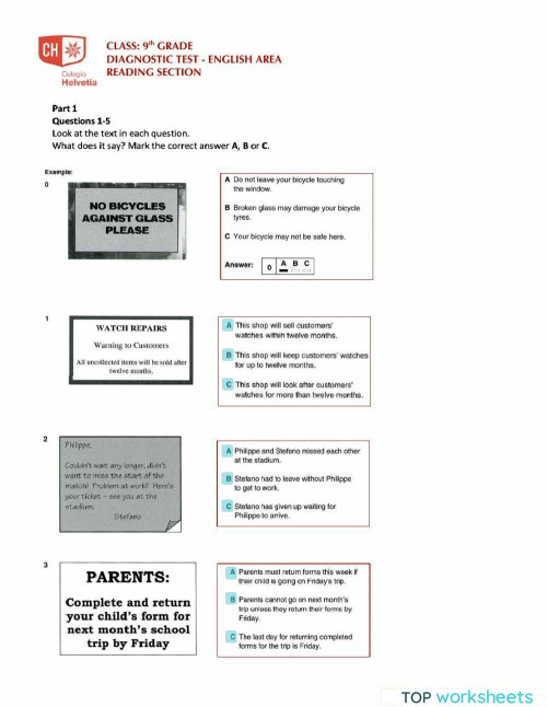 Entry Test - Reading Compr. (Grade 9). Interactive worksheet ...