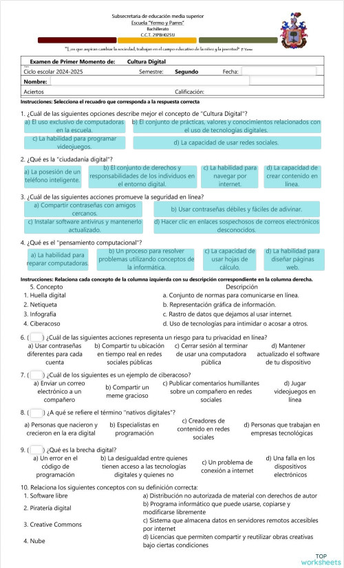 EXAMEN CULTURA DIGITAL 4. Ficha interactiva | TopWorksheets