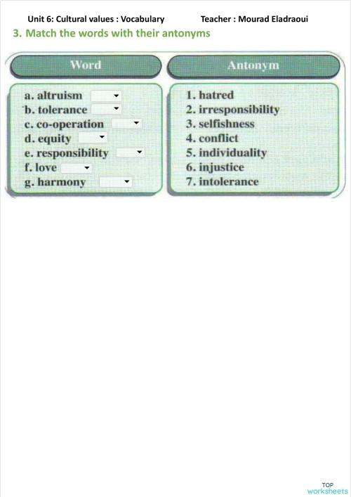 Unit 6: Cultural values vocabuary: Exercise 3. Interactive worksheet ...