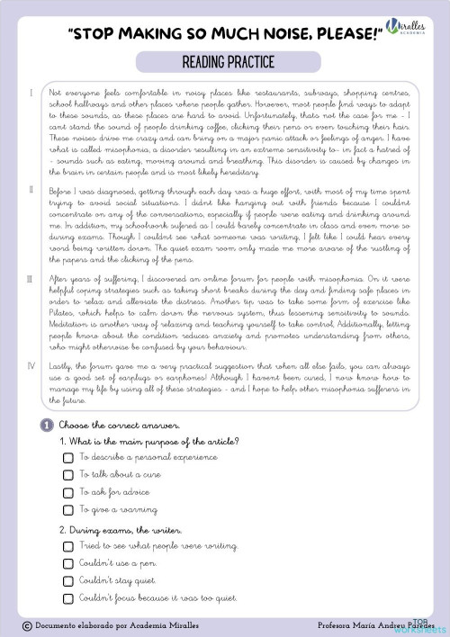Reading "Stop making so much noise, please!". Interactive worksheet ...