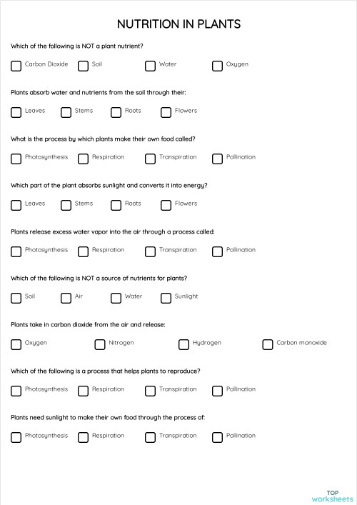 NUTRITION IN PLANTS. Interactive worksheet | TopWorksheets