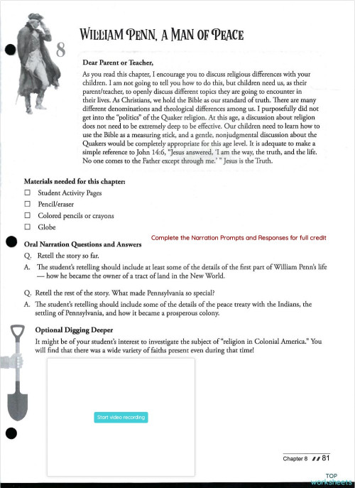 Chapter 8: William Penn, A Man of Peace Pg 81-82. Interactive worksheet ...