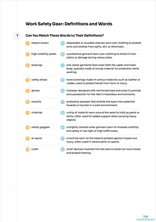 Work Safety Gear. Interactive worksheet | TopWorksheets