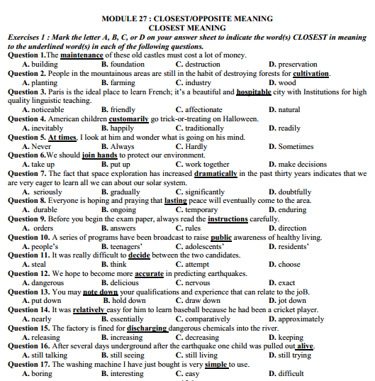 MODULE 27 : CLOSEST/OPPOSITE MEANING CLOSEST MEANING. Interactive ...