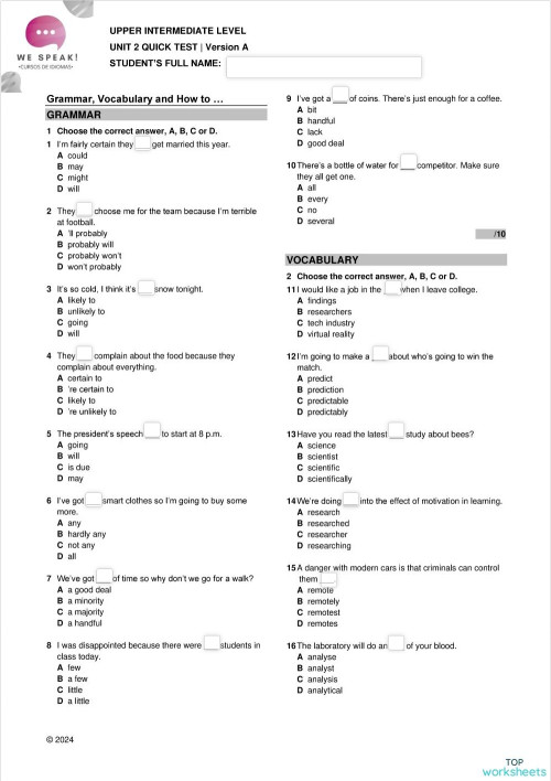 Quick exam unit 2. Interactive worksheet | TopWorksheets