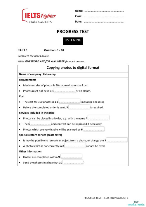 Progress Test. Interactive worksheet | TopWorksheets
