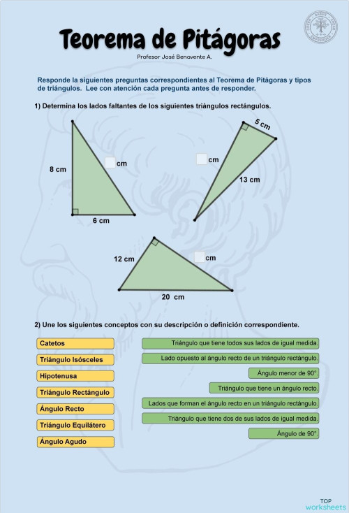Teorema de Pitágoras - Triángulos. Ficha interactiva | TopWorksheets