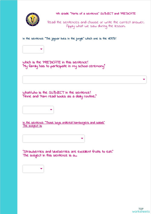 4th Grade "Parts of a sentence" SUBJECT and PREDICATE. Interactive ...