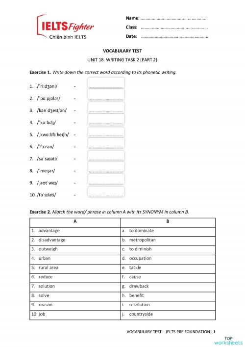 PREF_VOCAB TEST 18. Interactive worksheet | TopWorksheets